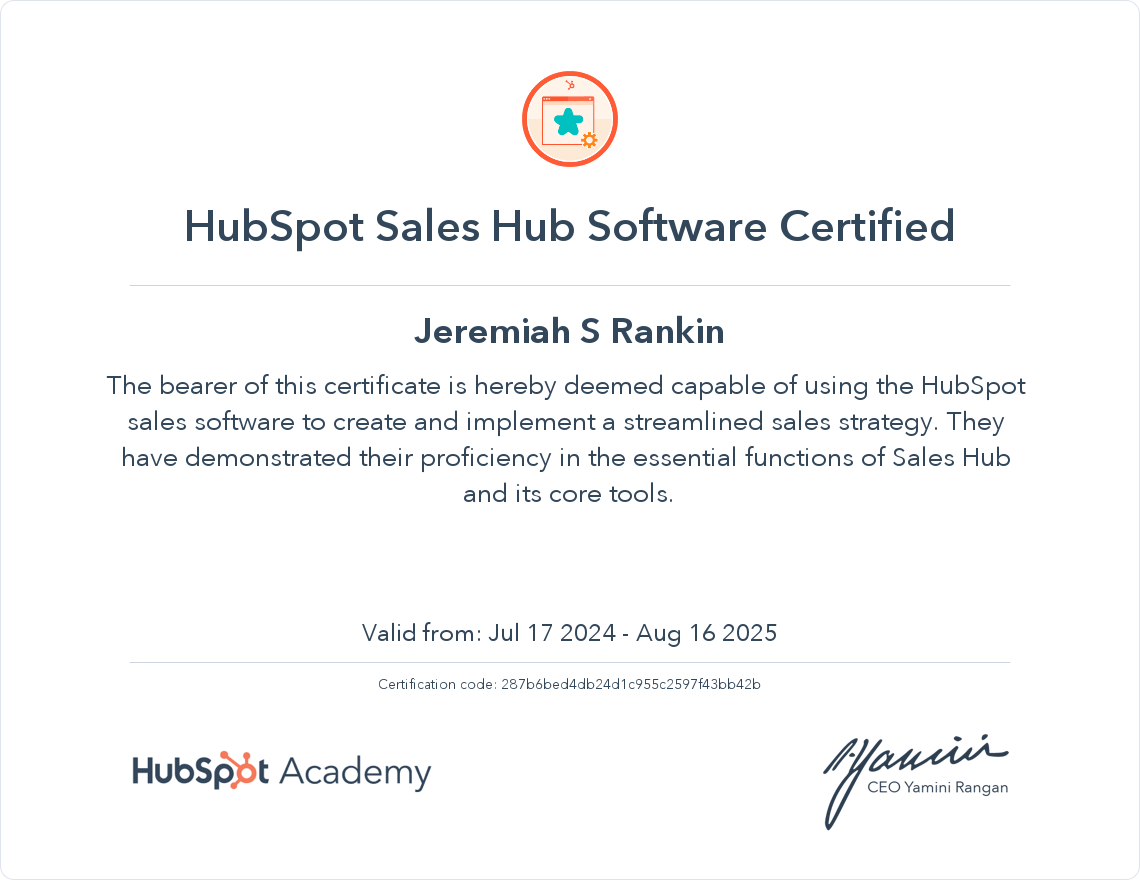HubSpot Academy HubSpot Sales Hub Software Certification