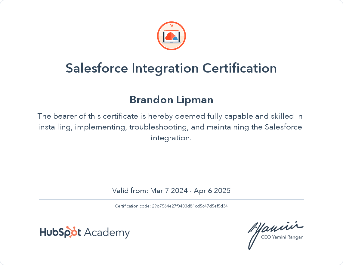 HubSpot Academy Salesforce Integration Certification Certification