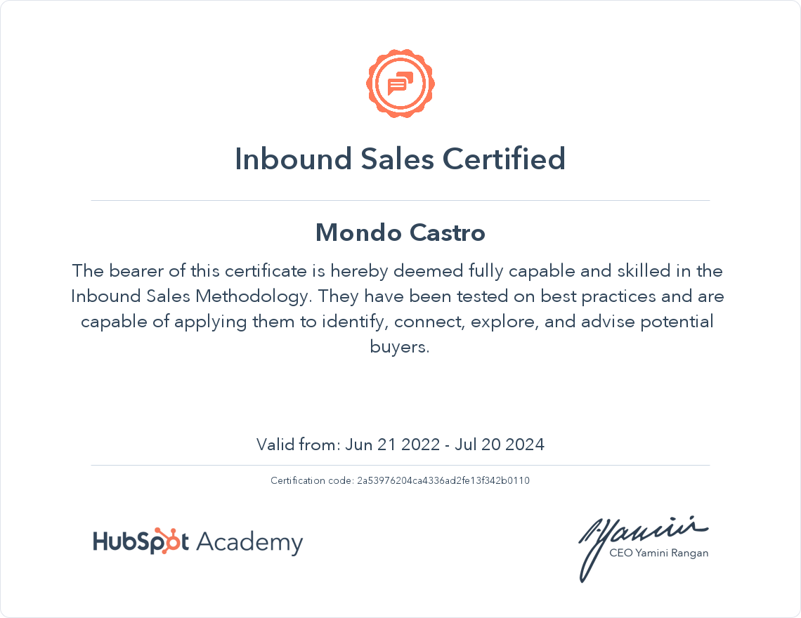 HubSpot Academy Inbound Sales Certification