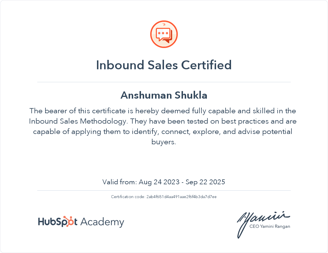 HubSpot Academy Inbound Sales Certification