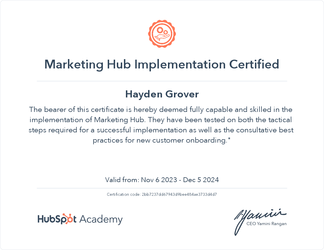 HubSpot Academy Implémentation du Marketing Hub Certification