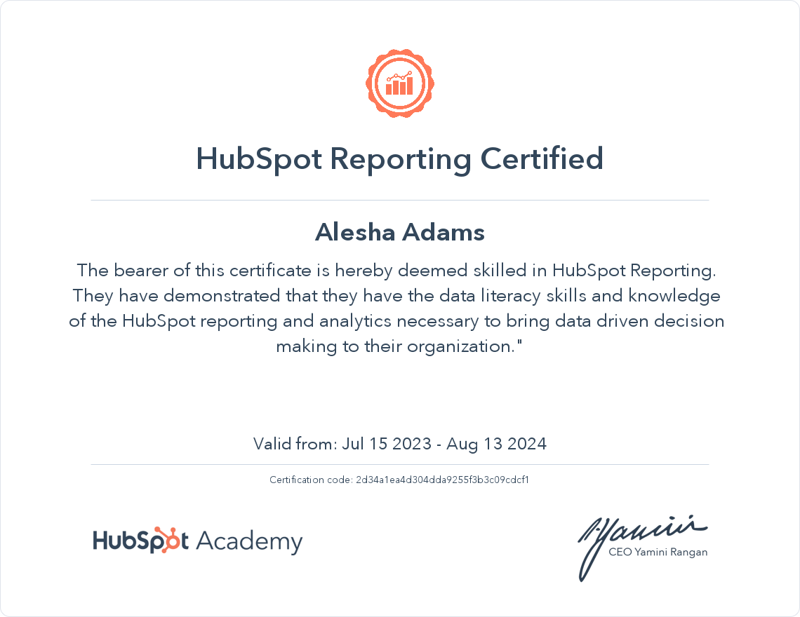 HubSpot Academy HubSpot Reporting Certification