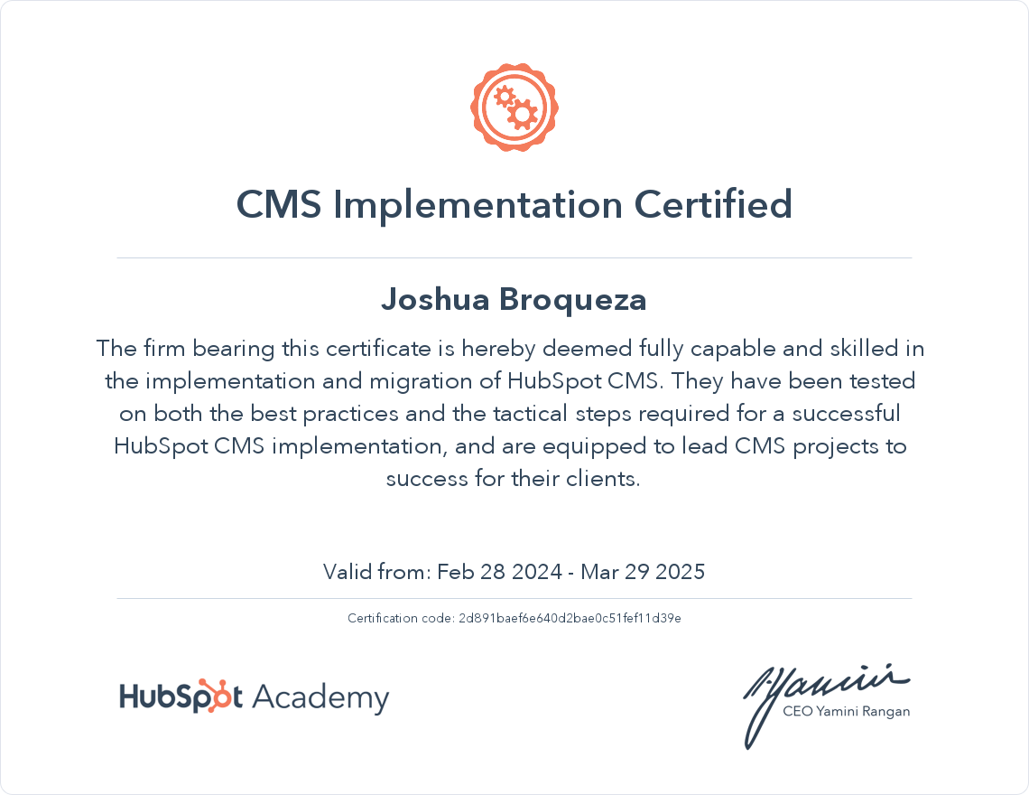 HubSpot Academy CMS Hub Implementation Certification