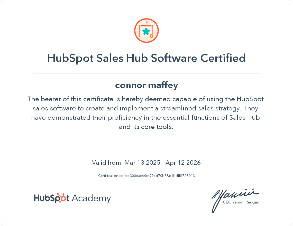 HubSpot Academy HubSpot Sales Hub Software Certification