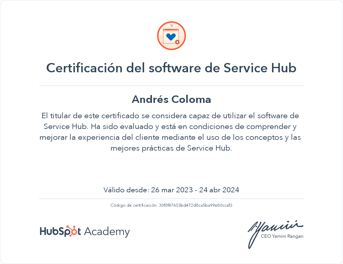 HubSpot Academy Software de Service Hub Certification