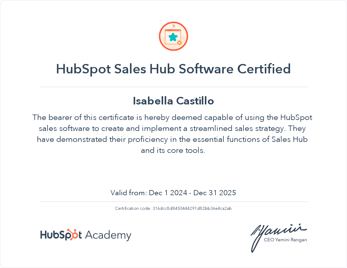 HubSpot Academy HubSpot Sales Hub Software Certification