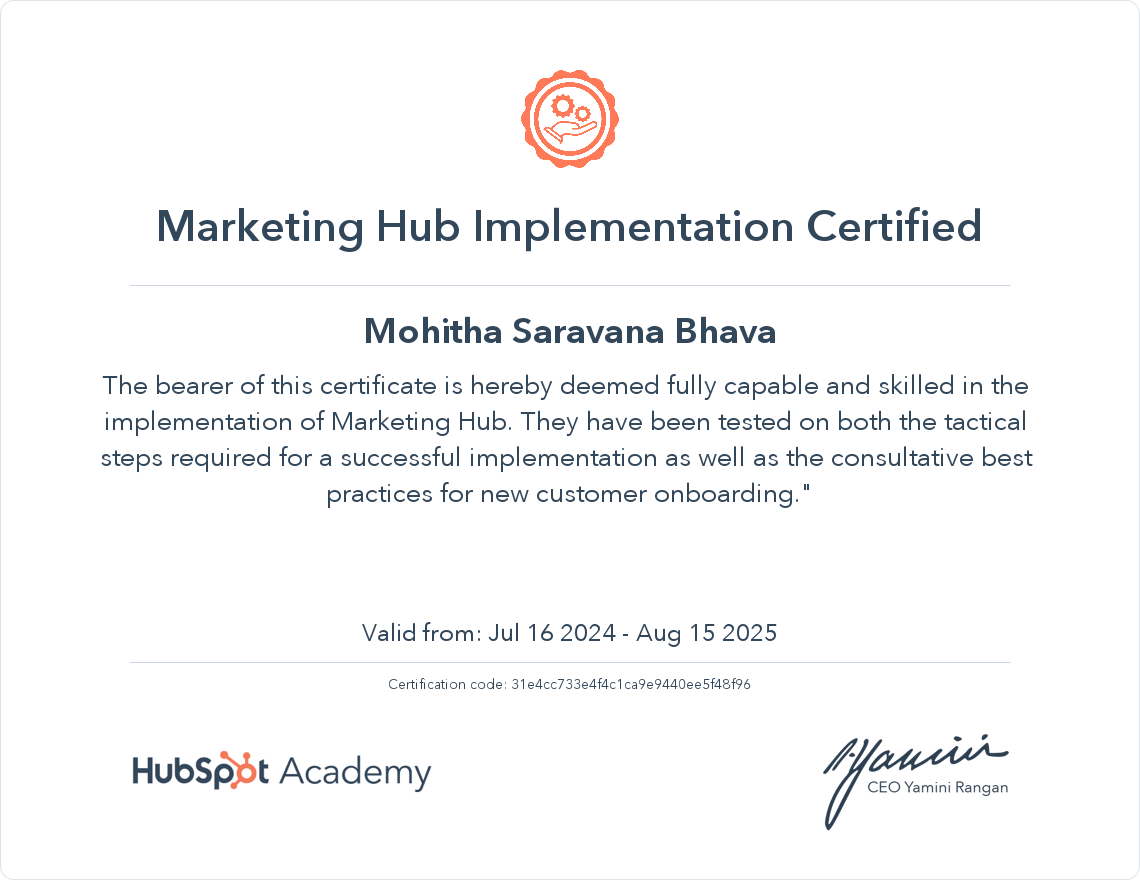 HubSpot Academy Implémentation du Marketing Hub Certification