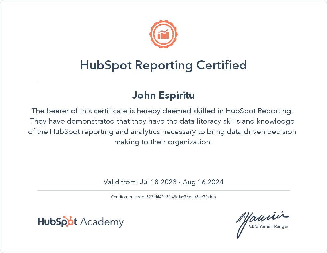 HubSpot Academy HubSpot Reporting Certification
