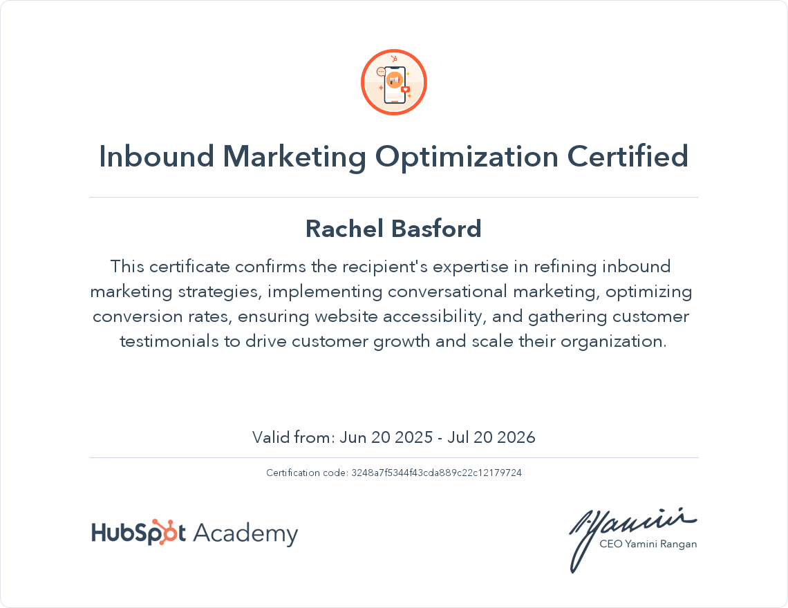 HubSpot Academy Inbound Marketing Optimization Certification