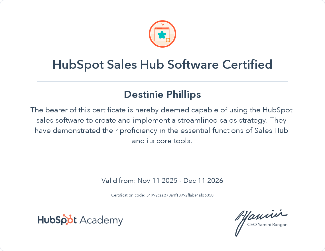 HubSpot Academy HubSpot Sales Hub Software Certification
