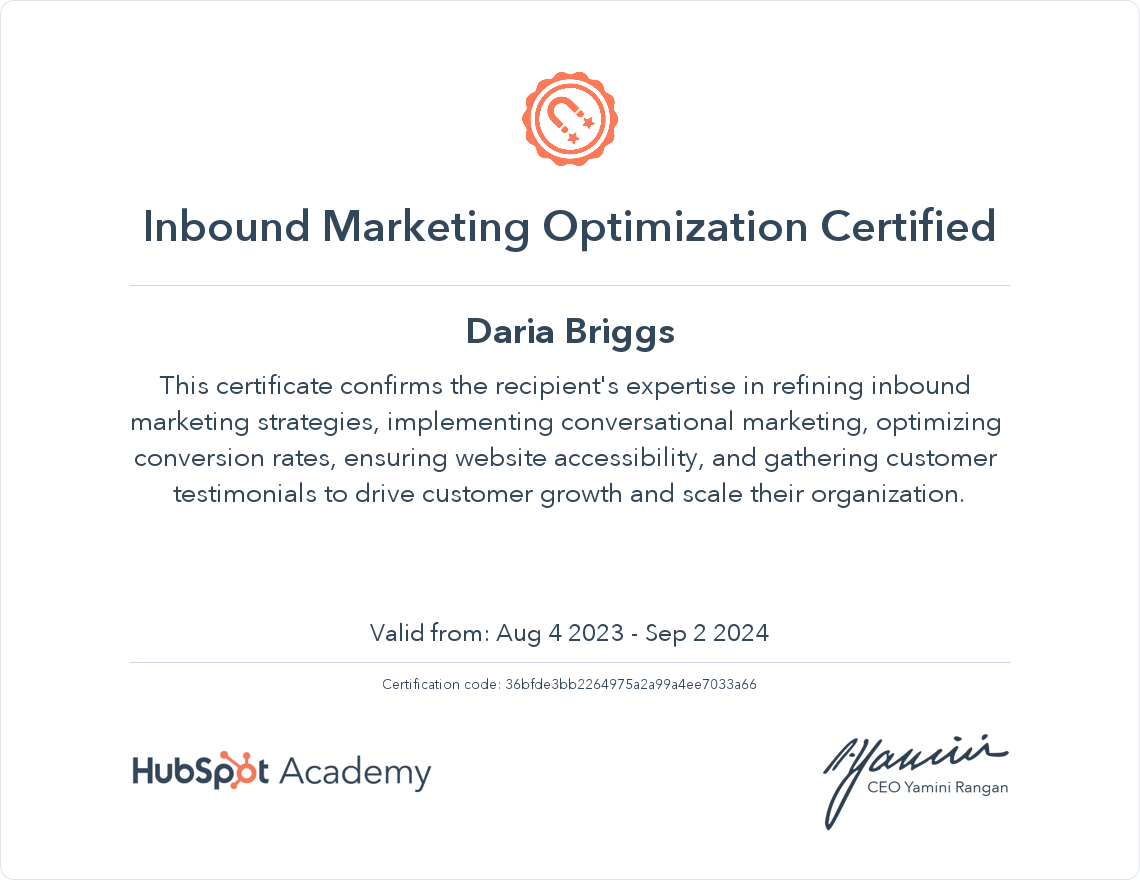 HubSpot Academy Inbound Marketing Optimization Certification