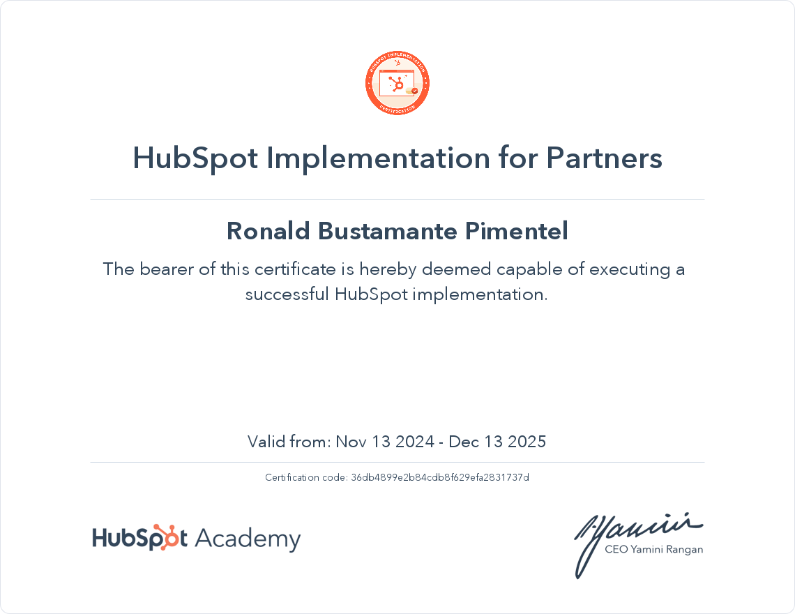 HubSpot Academy HubSpot Implementation for Partners Certification