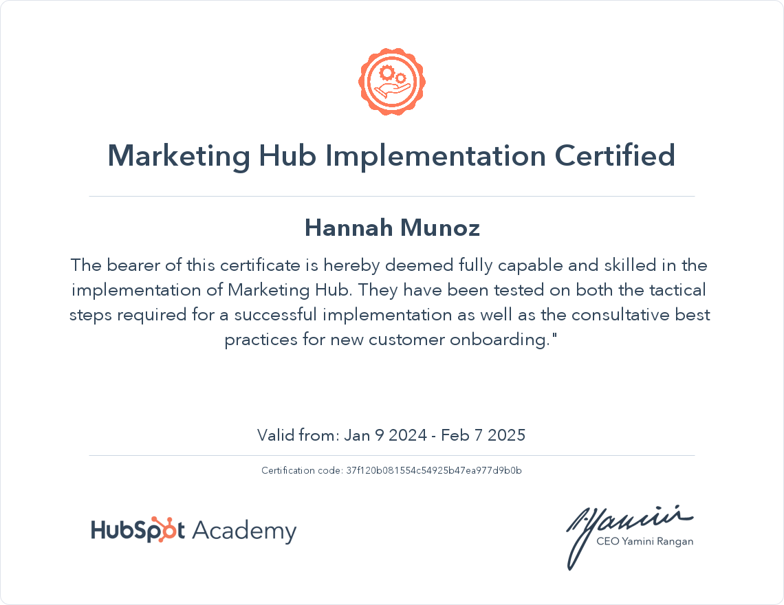 HubSpot Academy Implémentation du Marketing Hub Certification