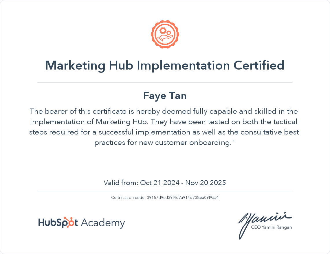 HubSpot Academy Implémentation du Marketing Hub Certification
