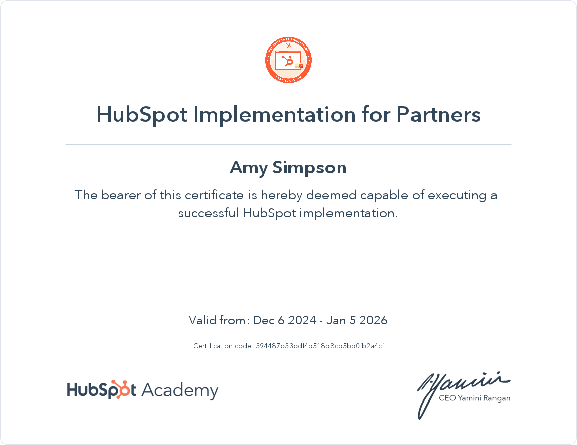 HubSpot Academy HubSpot Implementation for Partners Certification