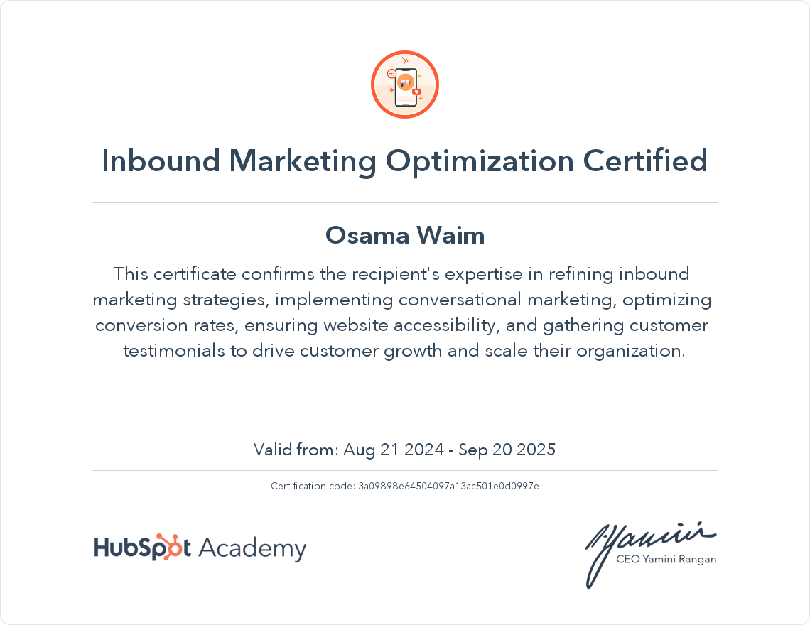 HubSpot Academy Inbound Marketing Optimization Certification