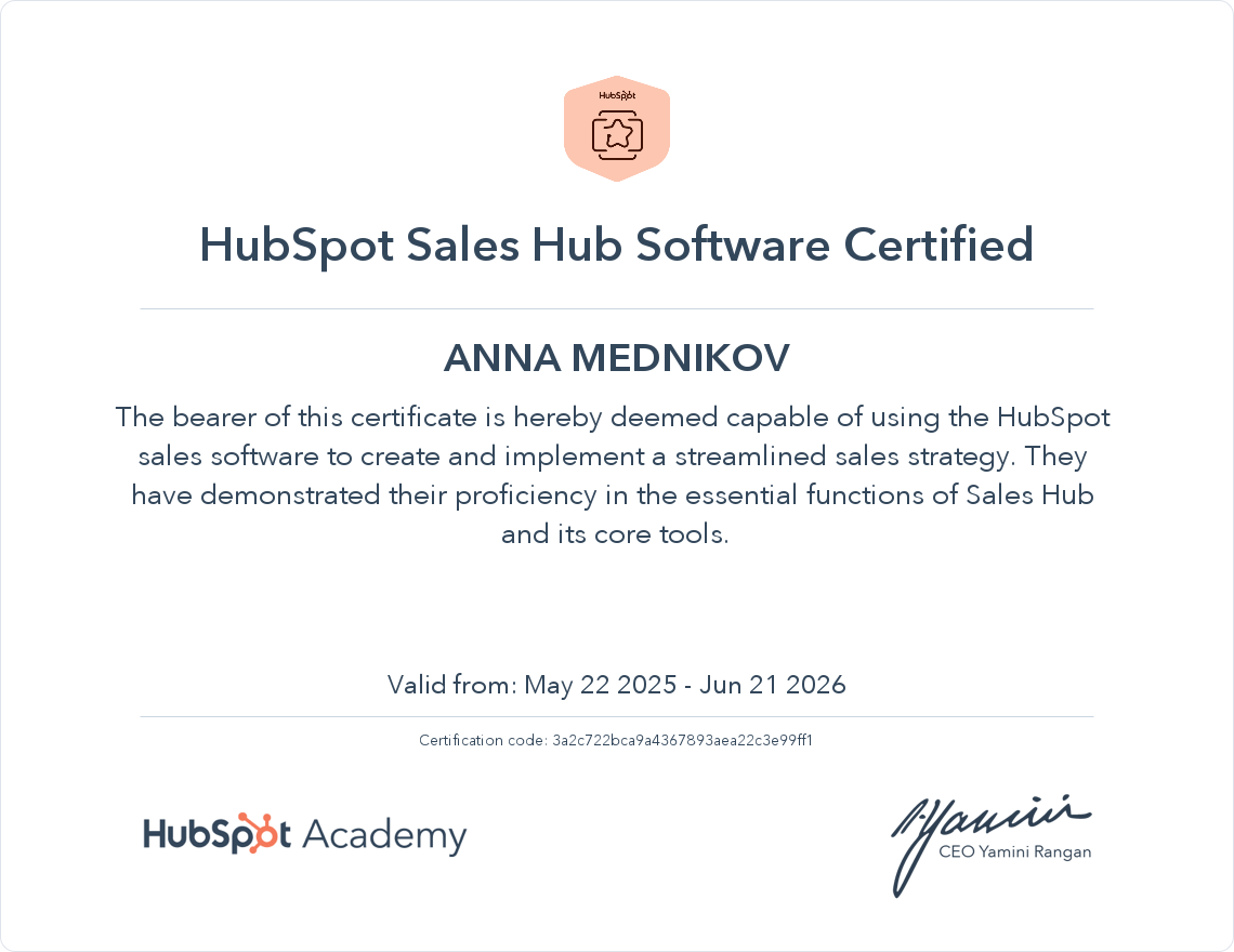 HubSpot Academy HubSpot Sales Hub Software Certification