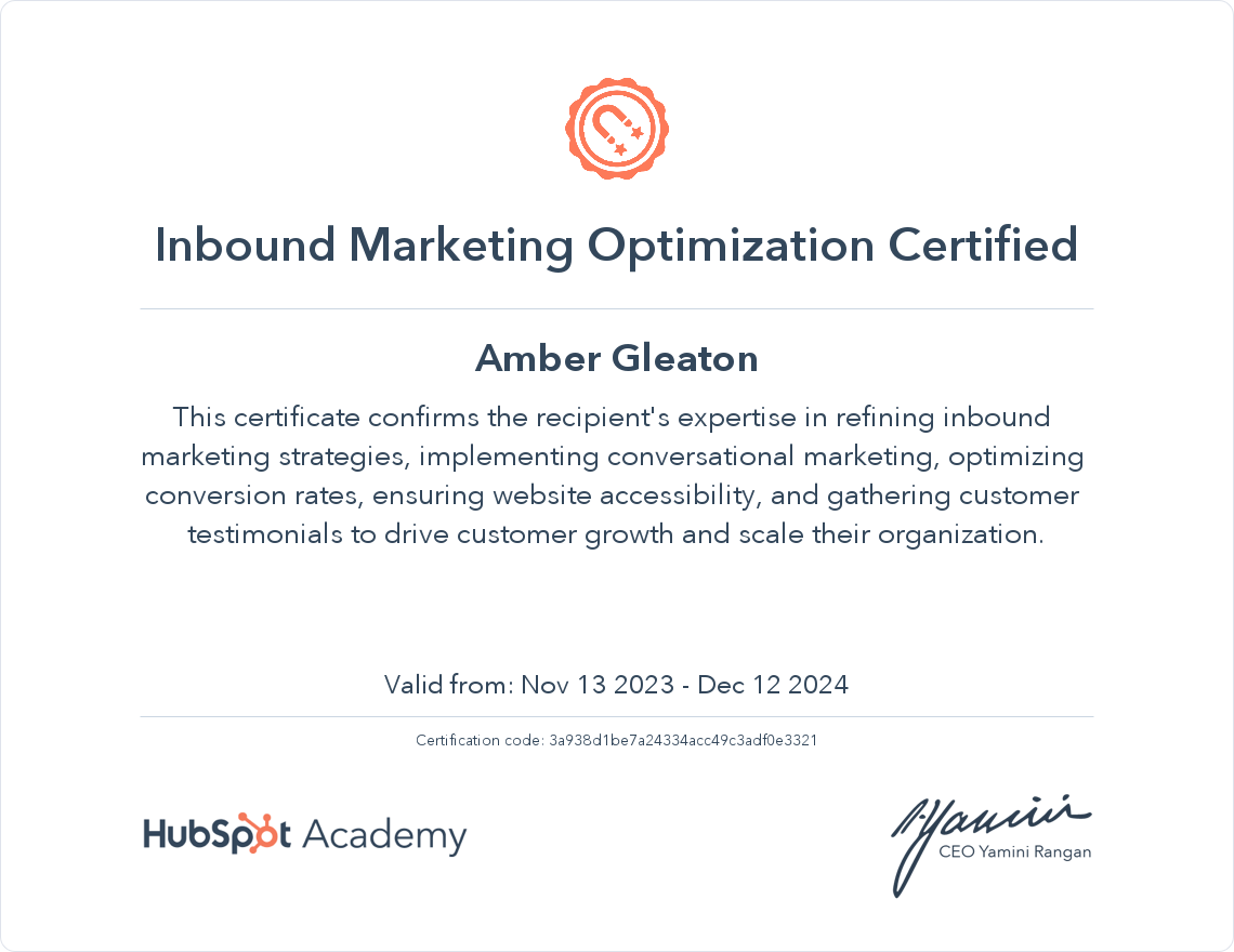 HubSpot Academy Inbound Marketing Optimization Certification