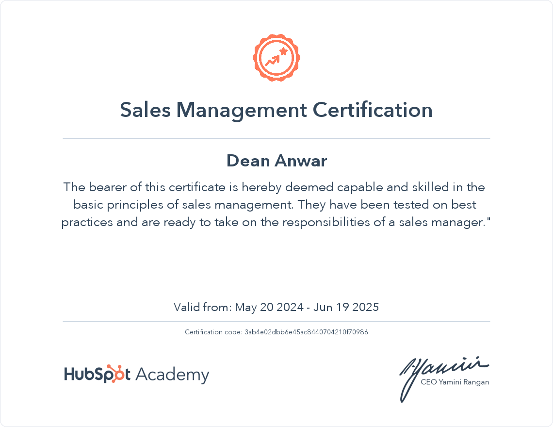 HubSpot Academy Sales Management Certification
