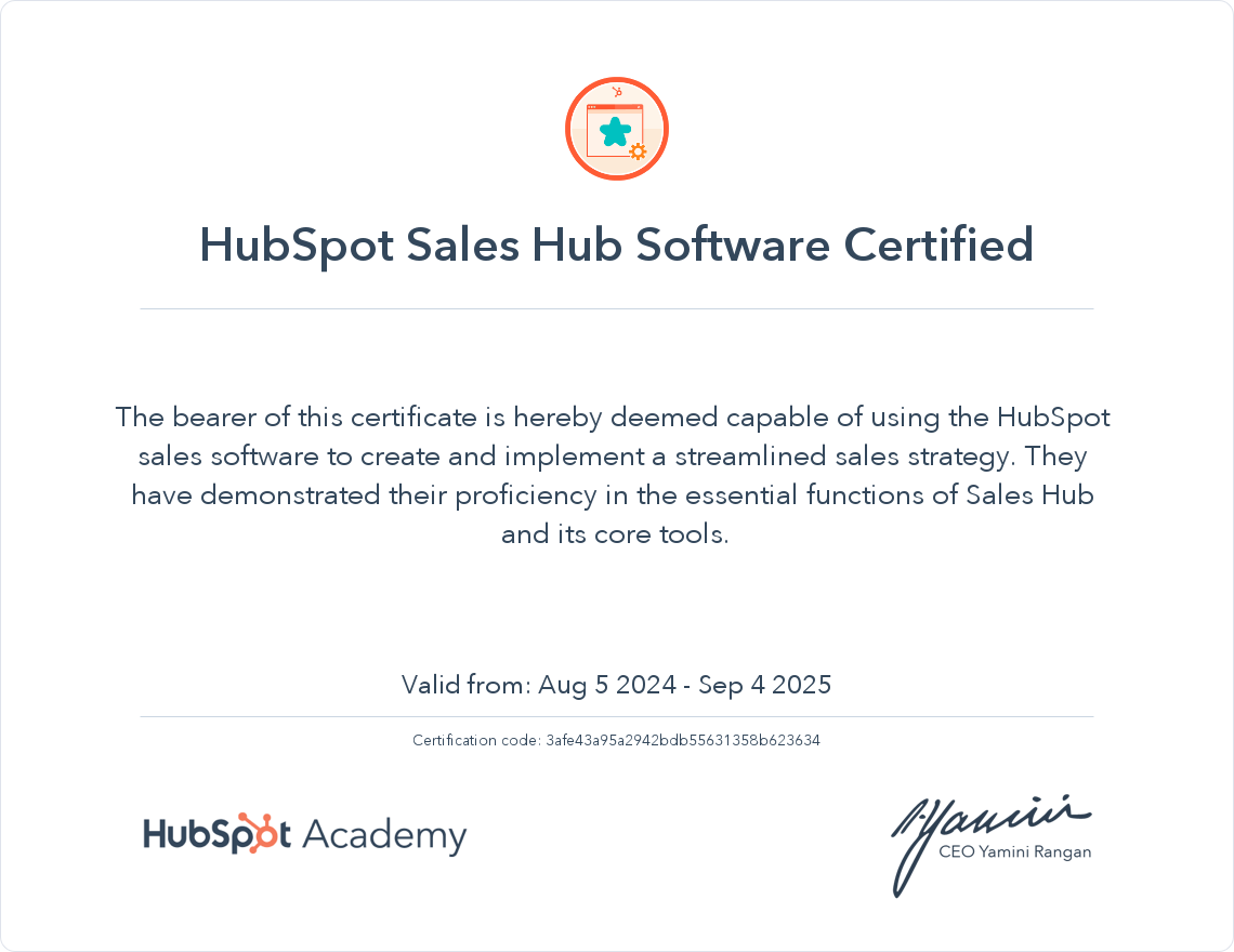 HubSpot Academy HubSpot Sales Hub Software Certification