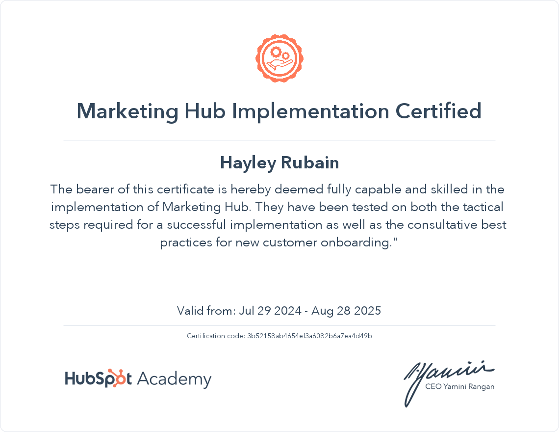 HubSpot Academy Implémentation du Marketing Hub Certification