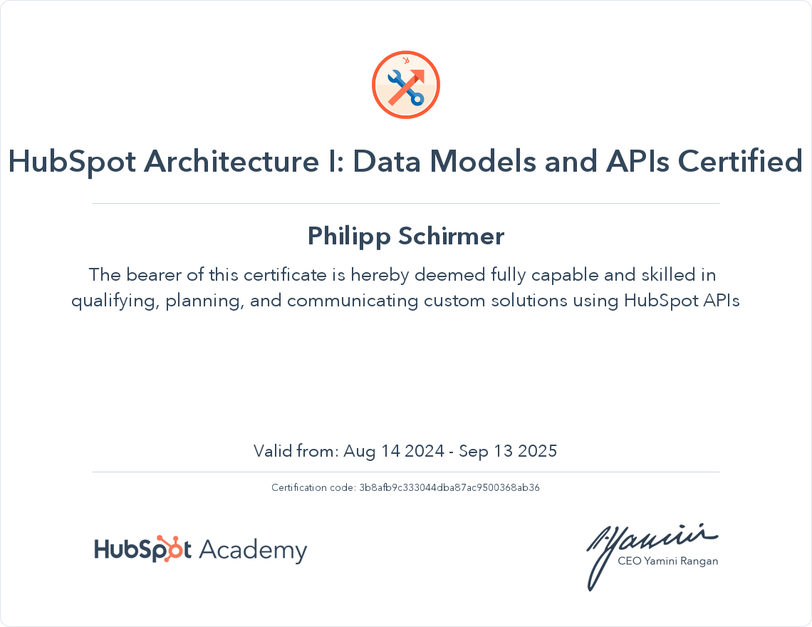 HubSpot Academy HubSpot Architecture I: Data Models and APIs Certification