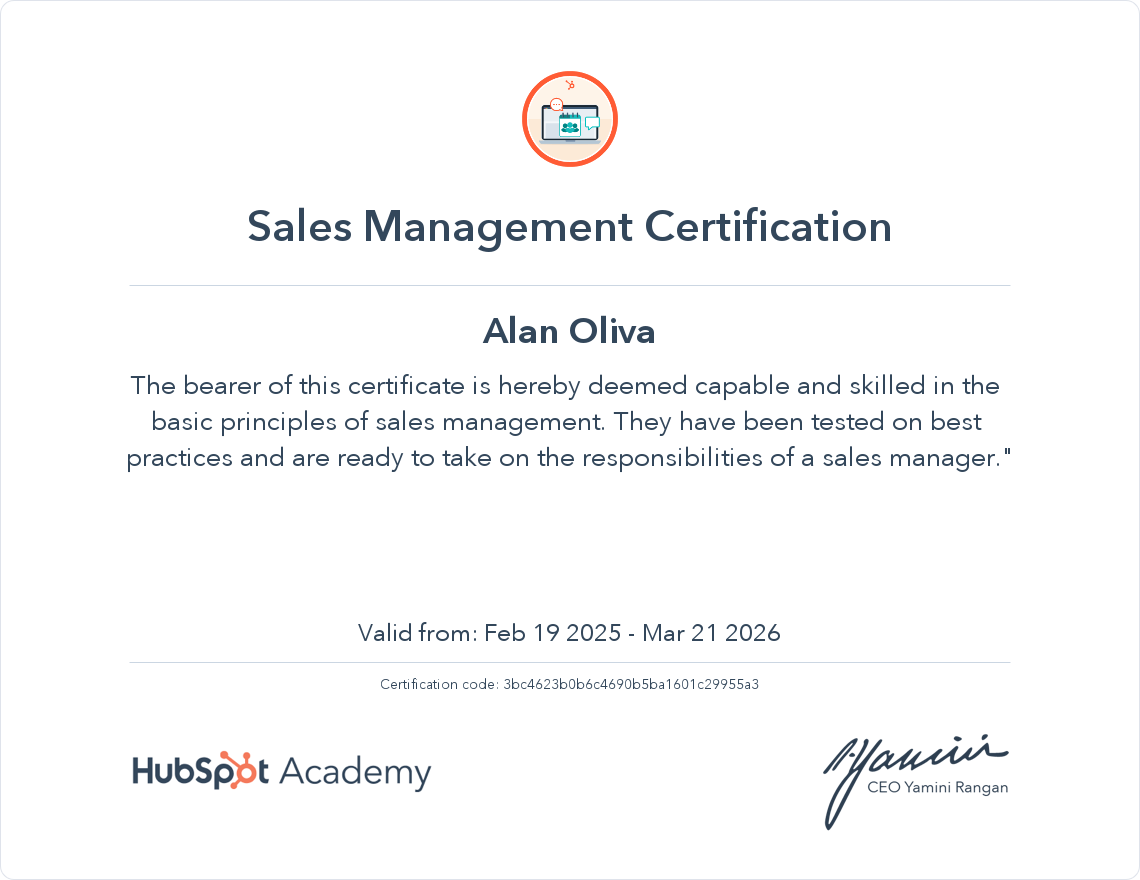 HubSpot Academy Sales Management Certification