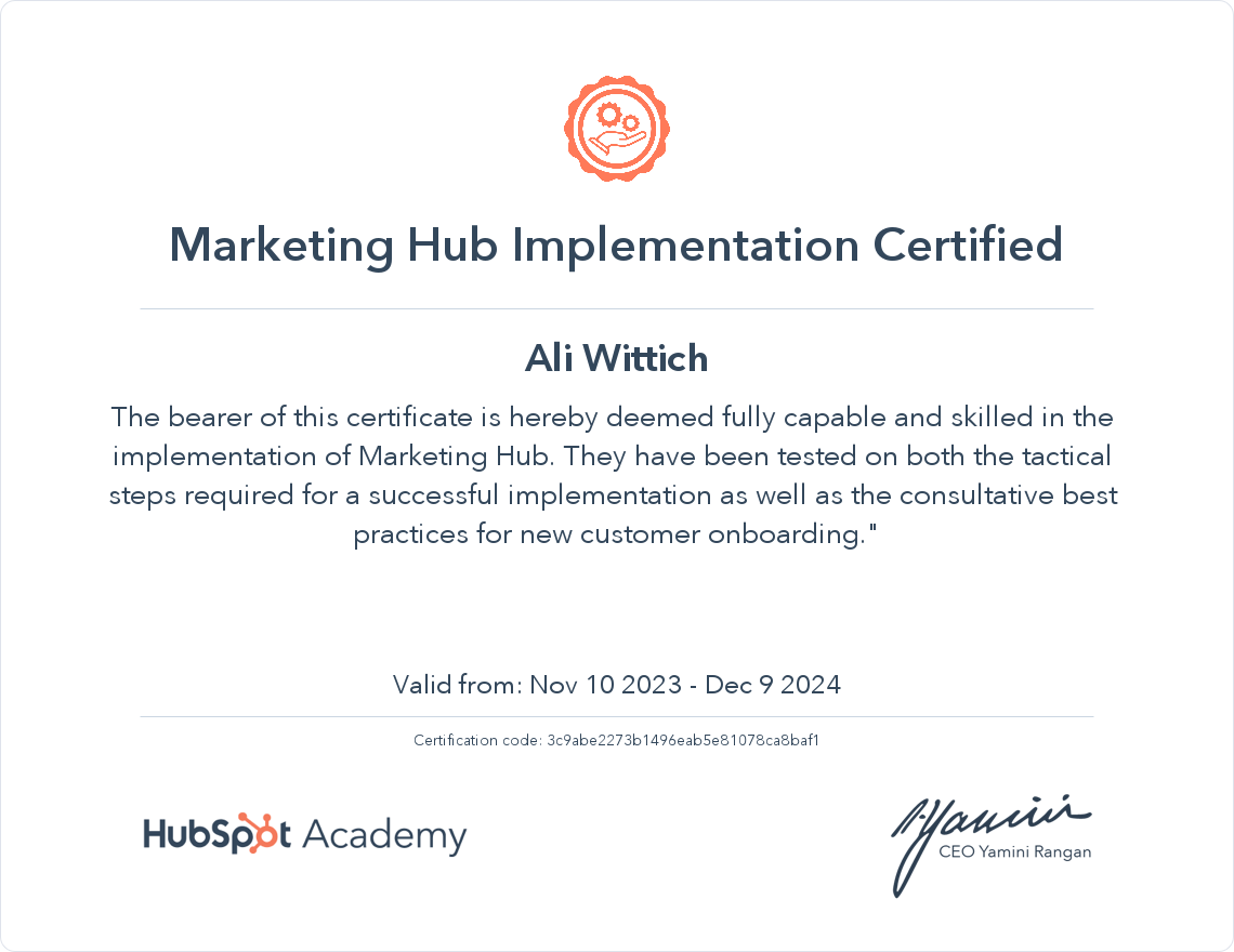 HubSpot Academy Marketing Hub Implementation Certification