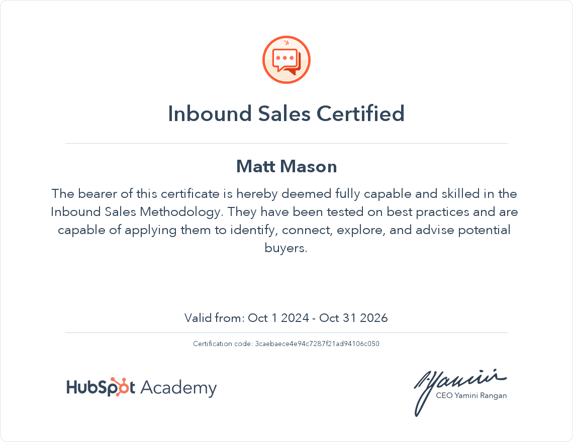 HubSpot Academy Inbound Sales Certification