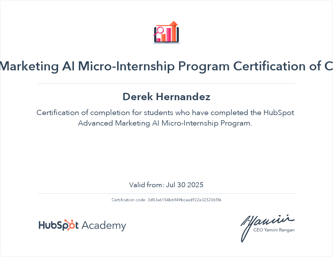 HubSpot Academy HubSpot Advanced Marketing AI Micro-Internship Program Certification