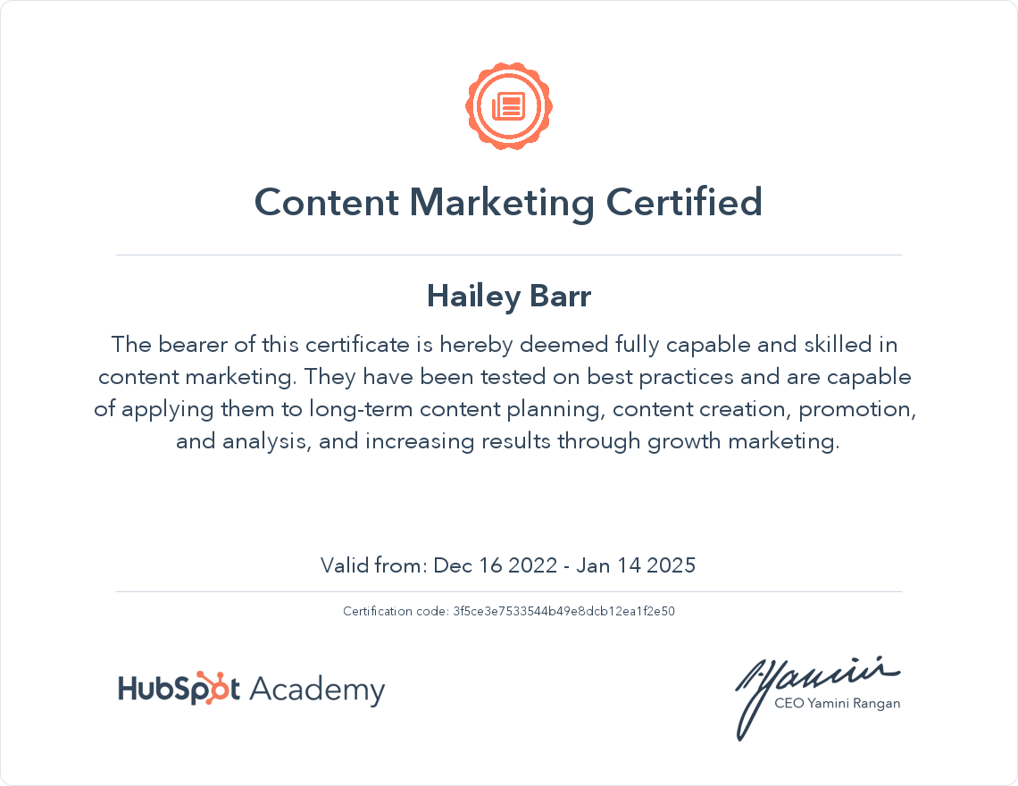 HubSpot Academy Content Marketing Certification