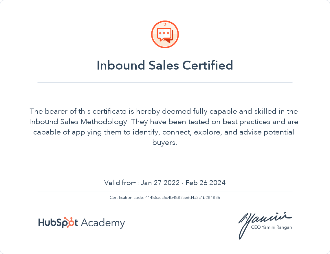 Hubspot Academy Inbound Sales Certification
