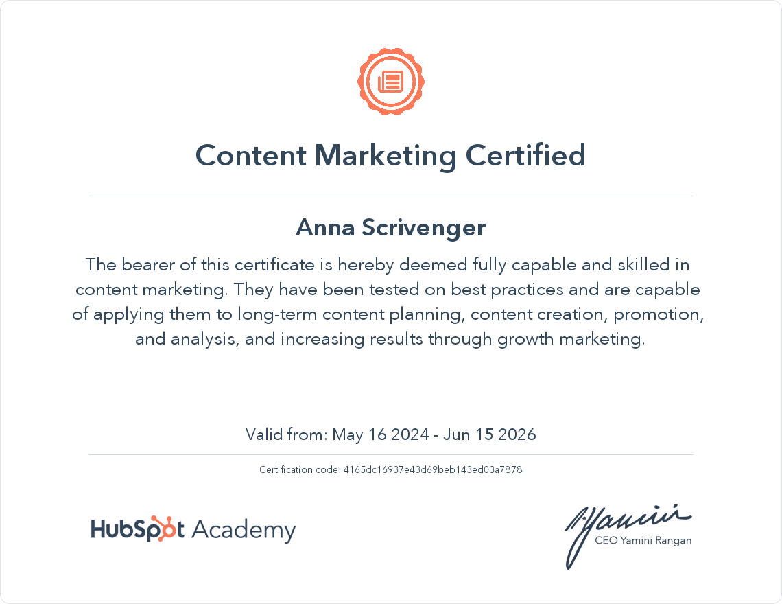 HubSpot Academy Content Marketing Certification