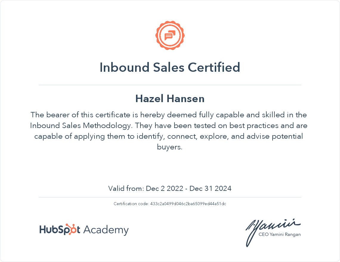 HubSpot Academy Inbound Sales Certification