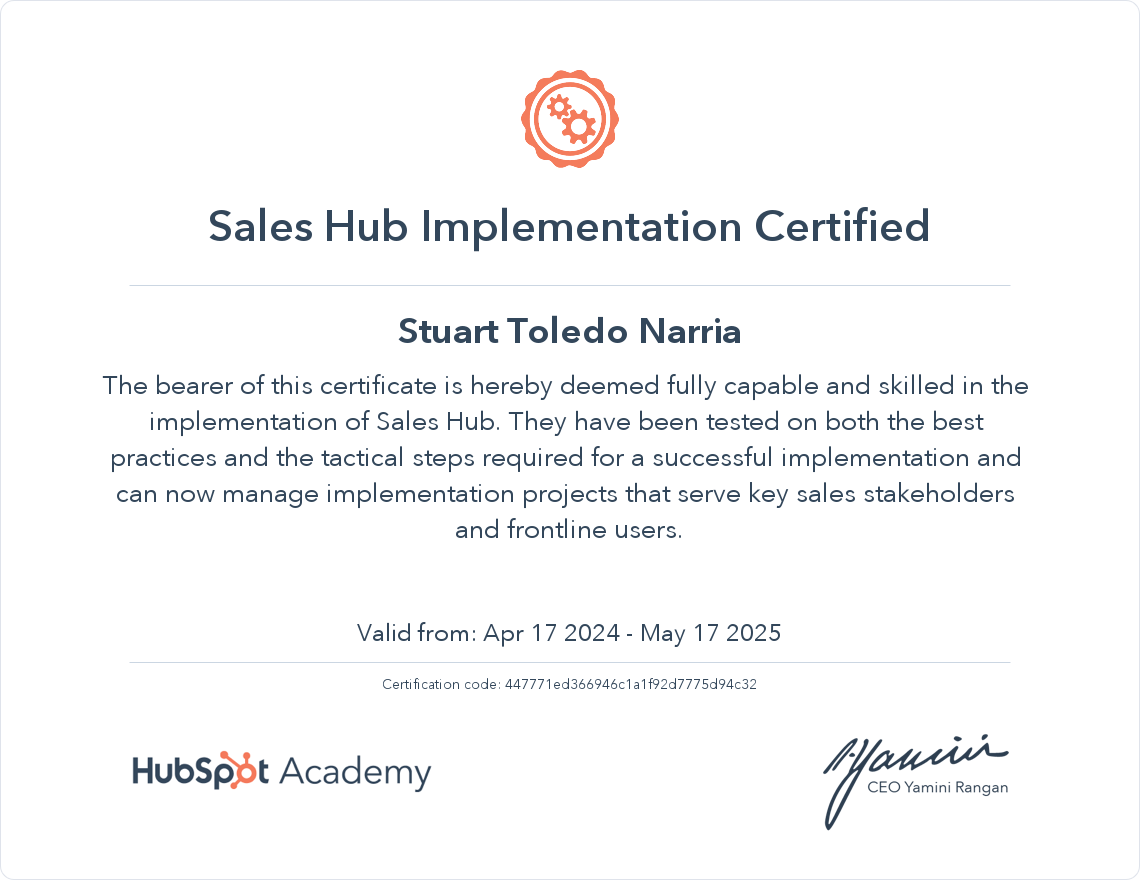 HubSpot Academy Implementación de Sales Hub Certification