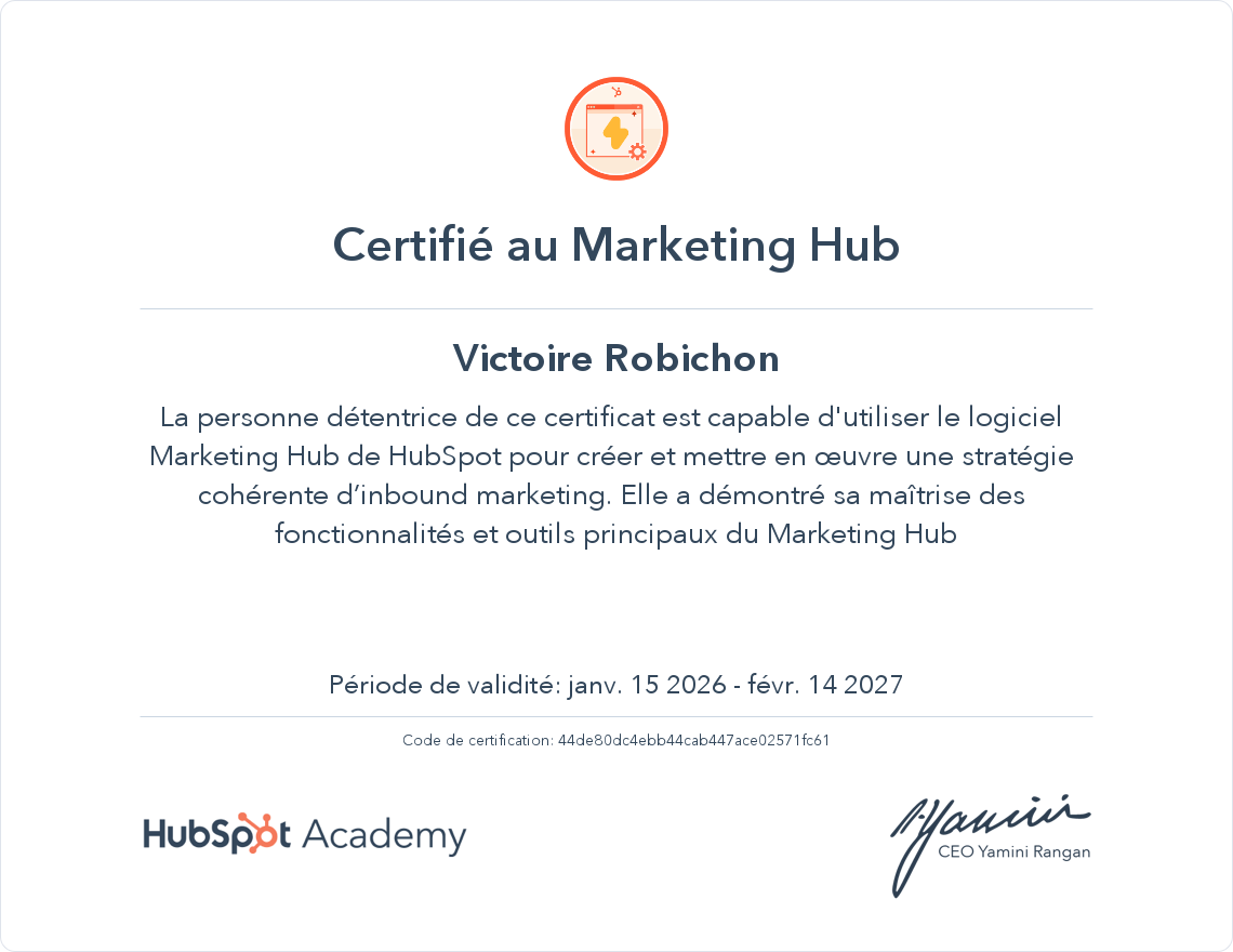 Certification Marketing Hub de HubSpot de HubSpot Academy