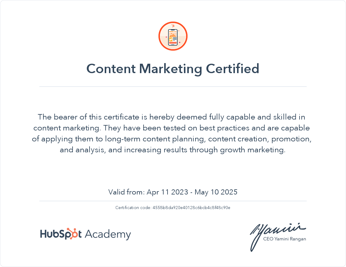 HubSpot Academy Content Marketing Certification
