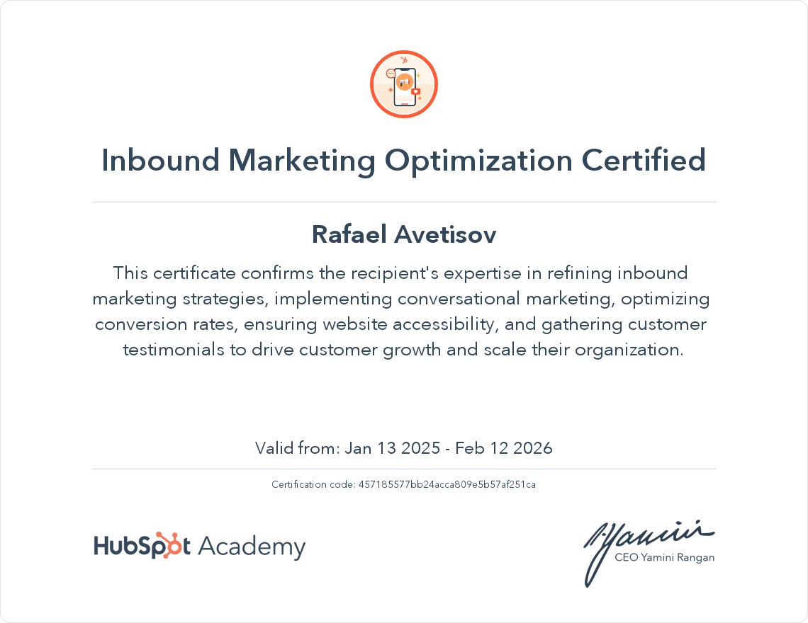 HubSpot Academy Inbound Marketing Optimization Certification