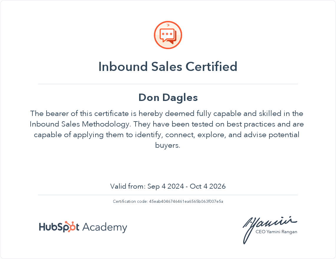 HubSpot Academy Inbound Sales Certification