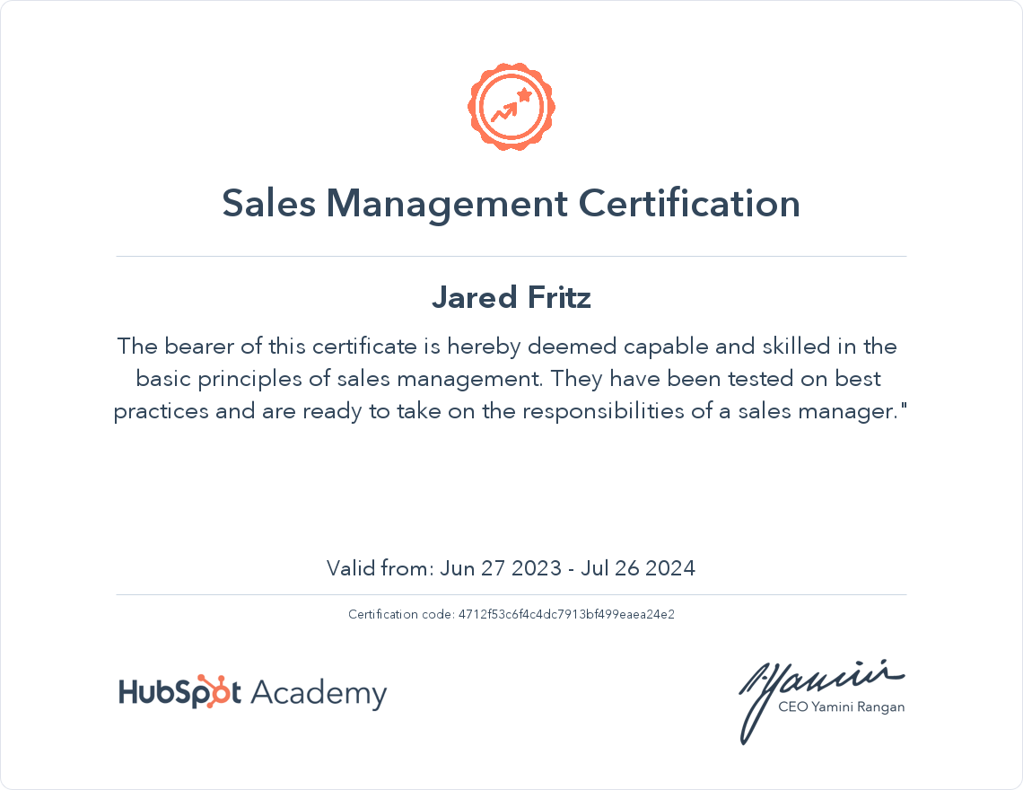 HubSpot Academy Sales Management Certification