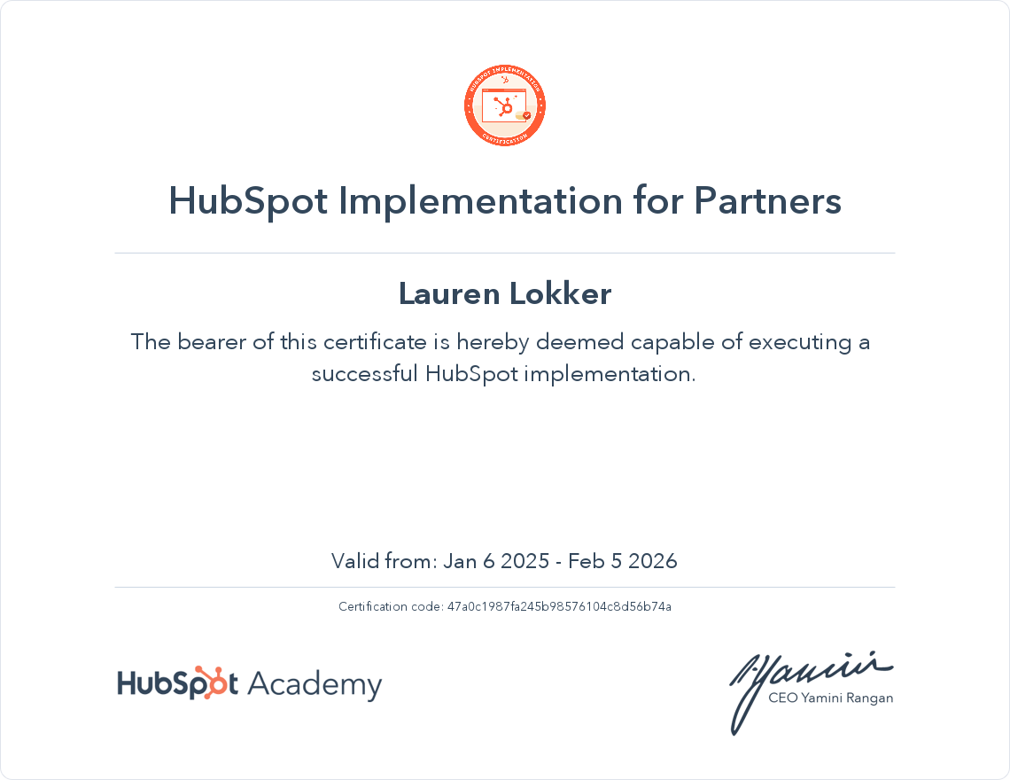 HubSpot Academy HubSpot Implementation for Partners Certification