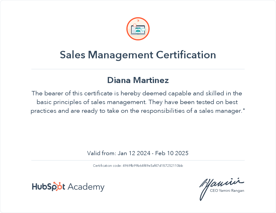 HubSpot Academy Sales Management Certification