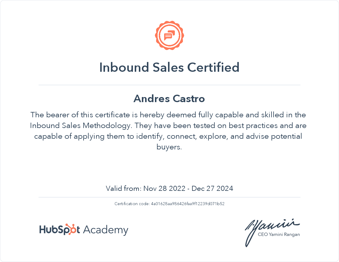 HubSpot Academy Inbound Sales Certification