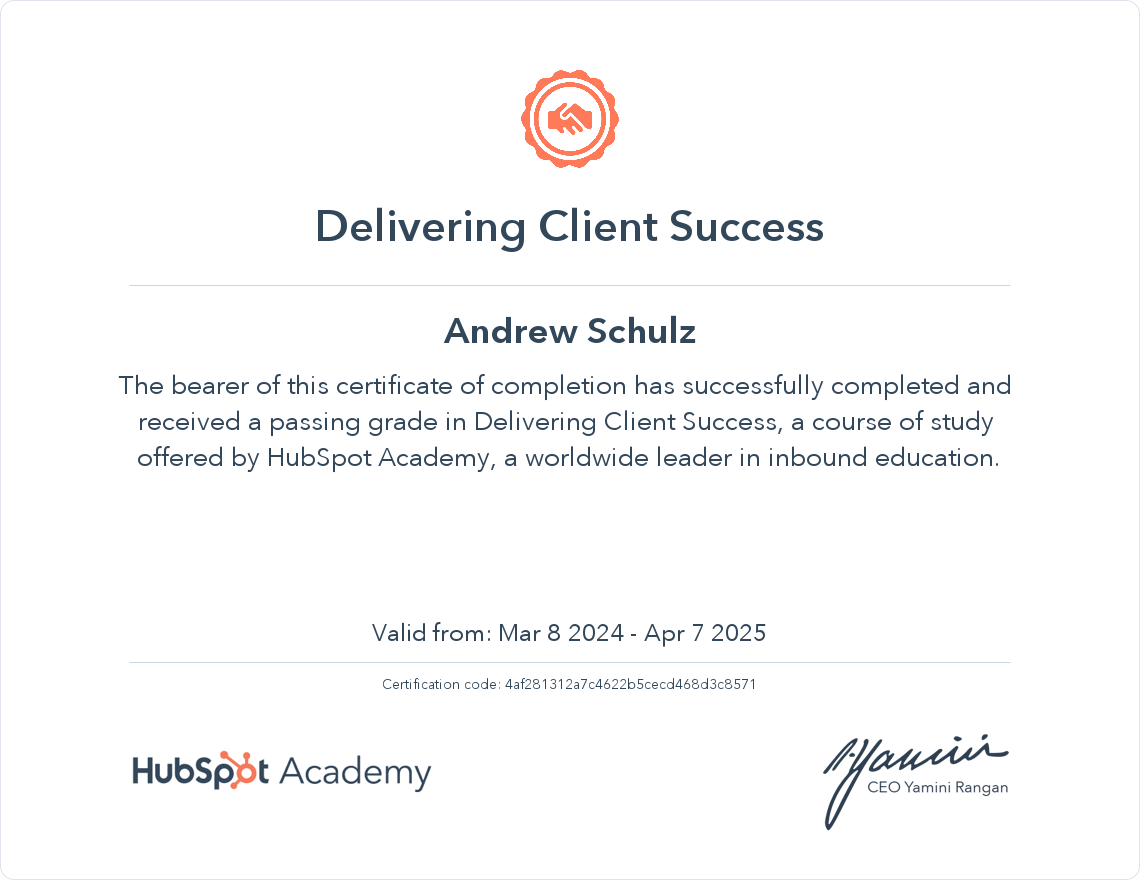 HubSpot Academy Delivering Client Success Certification