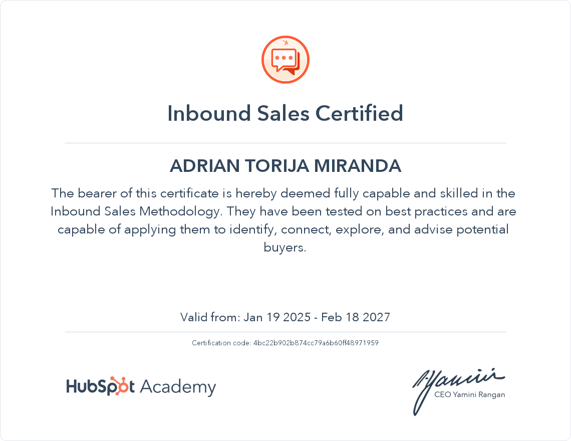 HubSpot Academy Inbound Sales Certification