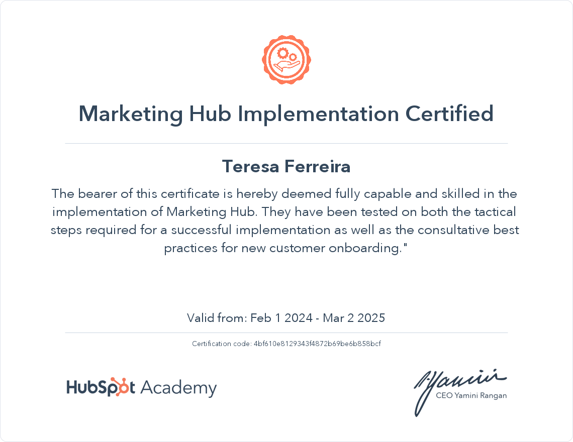 HubSpot Academy Implémentation du Marketing Hub Certification