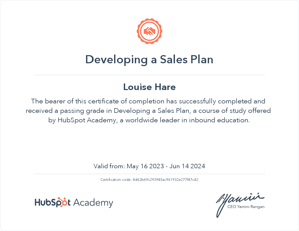 HubSpot Academy Developing a Sales Plan Certification HubSpot Academy Developing a Sales Plan Certification