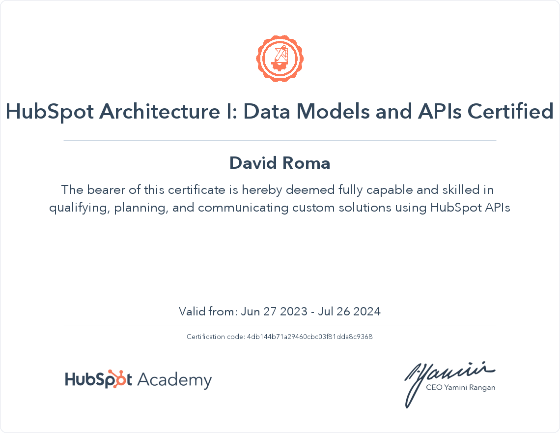 HubSpot Academy HubSpot Architecture I: Data Models and APIs Certification
