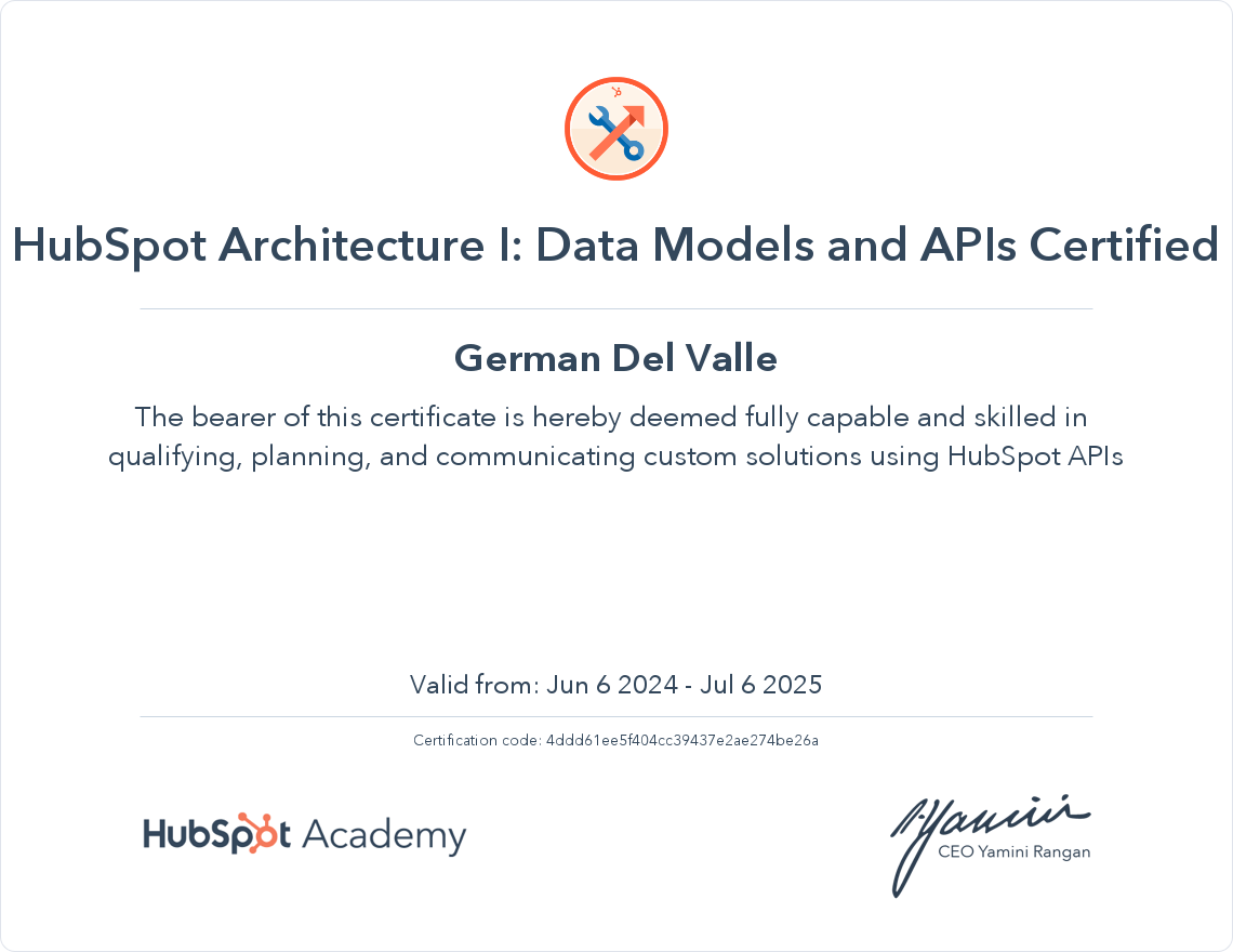 Certificación de HubSpot Architecture I: Data Models and APIs de ...