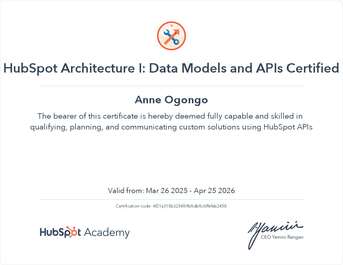 HubSpot Academy HubSpot Architecture I: Data Models and APIs Certification
